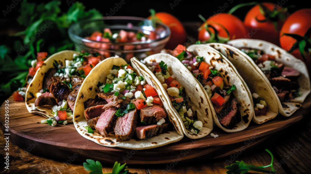 Presentation of tray with mexican pork tacos over the table. Mexican ...