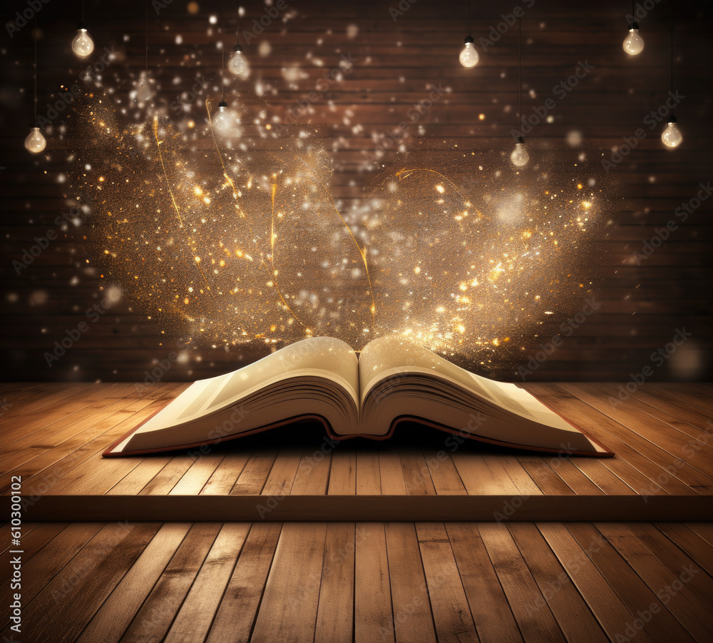Mystical open book. glittering lights and magic book illustration, book ...