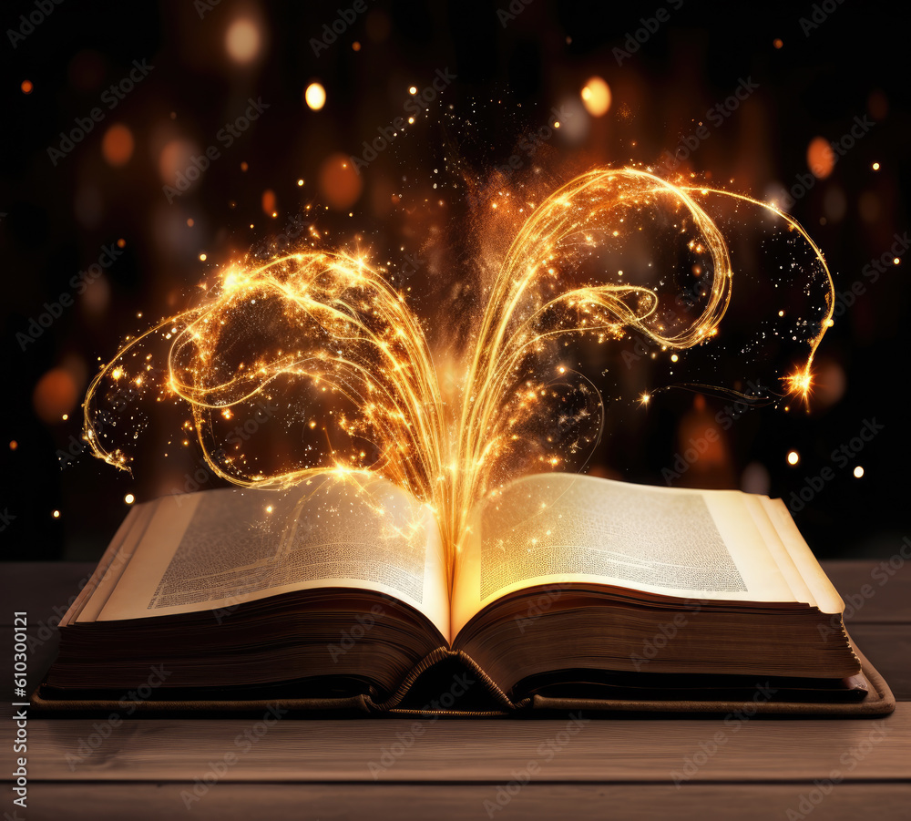 Mystical open book. glittering lights and magic book illustration, book of spells casting magic ...