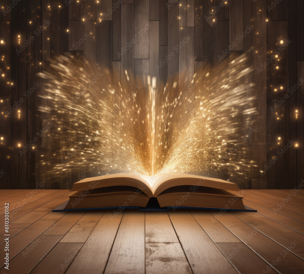 Mystical open book. glittering lights and magic book illustration, book ...