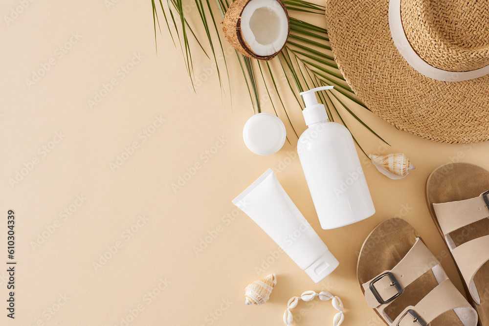 Idea of sun protection cosmetics. Top view flat lay of sunscreen ...