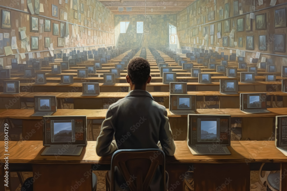 Man is looking at a screen in a classroom, Teacher in classroom alone ...