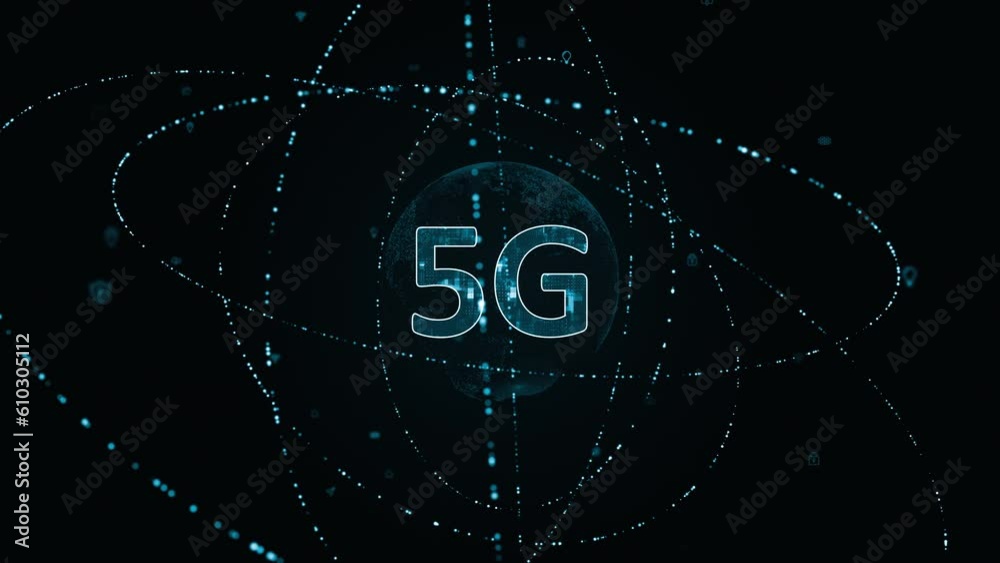 Motion graphic of Blue digital 5G letter with particle ring circle ...