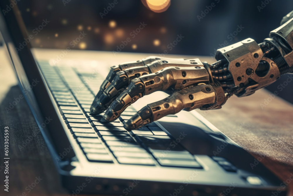 Robot's hand types on keyboard. Chat bot during work visualization ...