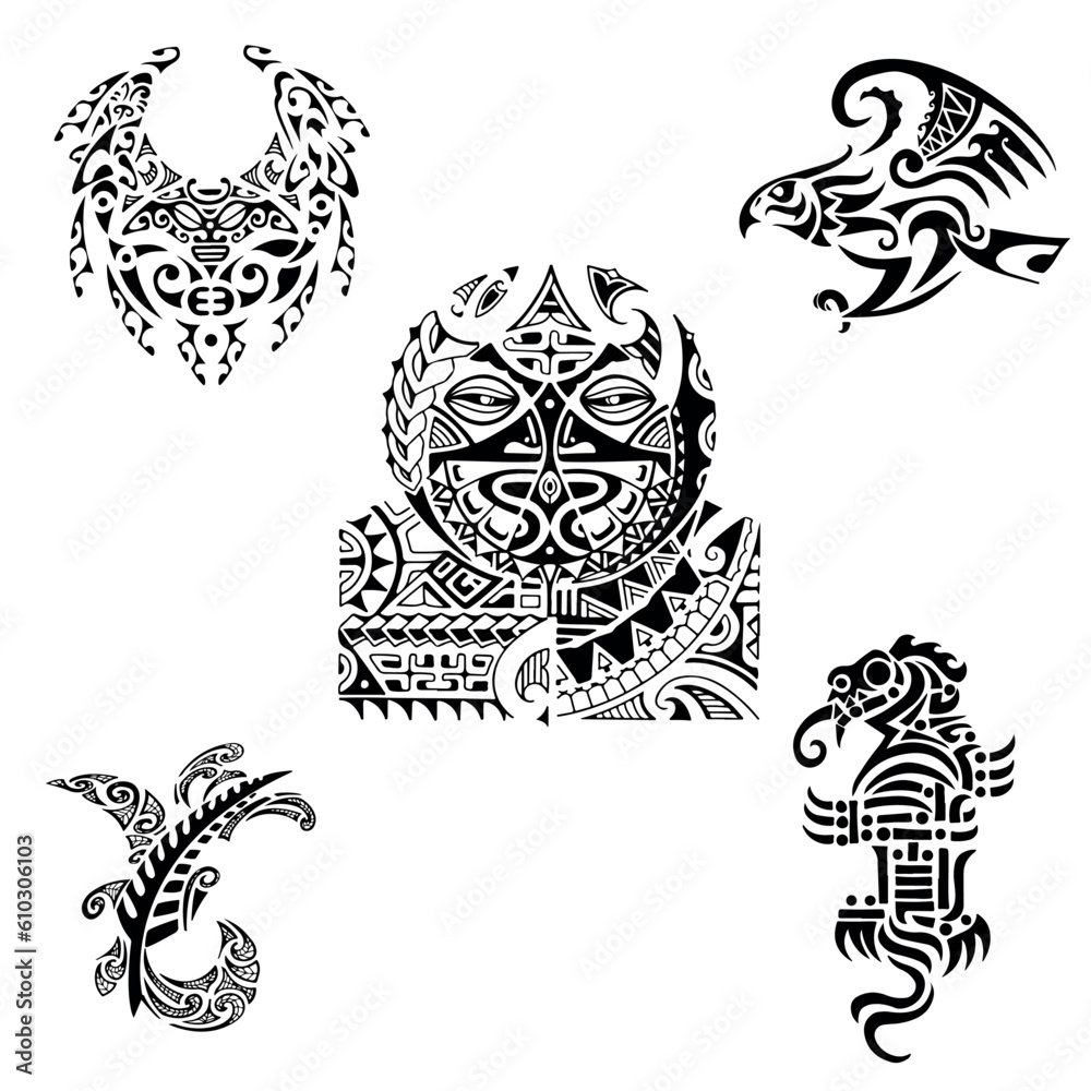 Polynesian tattoo sketch set with face, lizard, bird, feather. EPS 10 ...