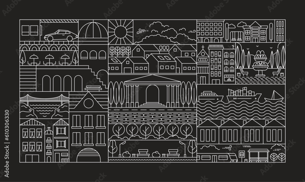 Geometric city landscape line pattern. Simple outline urban town ...