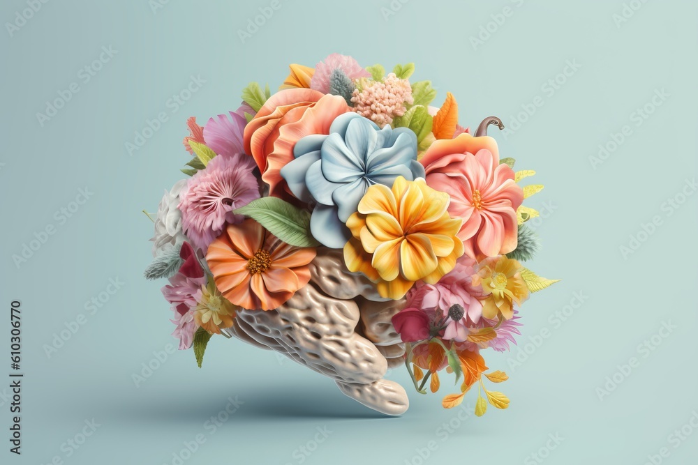 Human Brain made of flowers, healthy living, mental health, flourish of ...