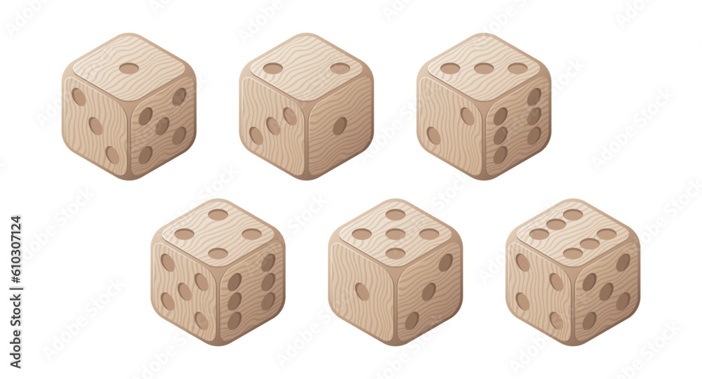 Set of 6 wooden game dice with wooden texture. 3D casino clipart ...
