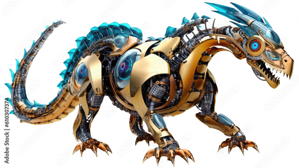 Golden robotic machine dragon as mechanical cyber animal isolated on a ...