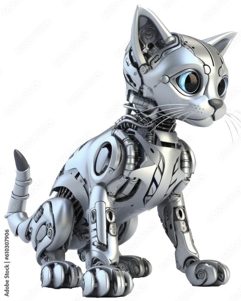 Robot pet cat as mechanical cyber animal isolated on a transparent ...