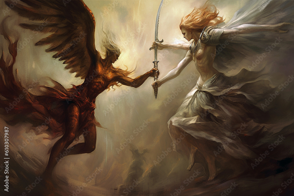 Battle between an angel and a demon. This artwork brings to life the ...