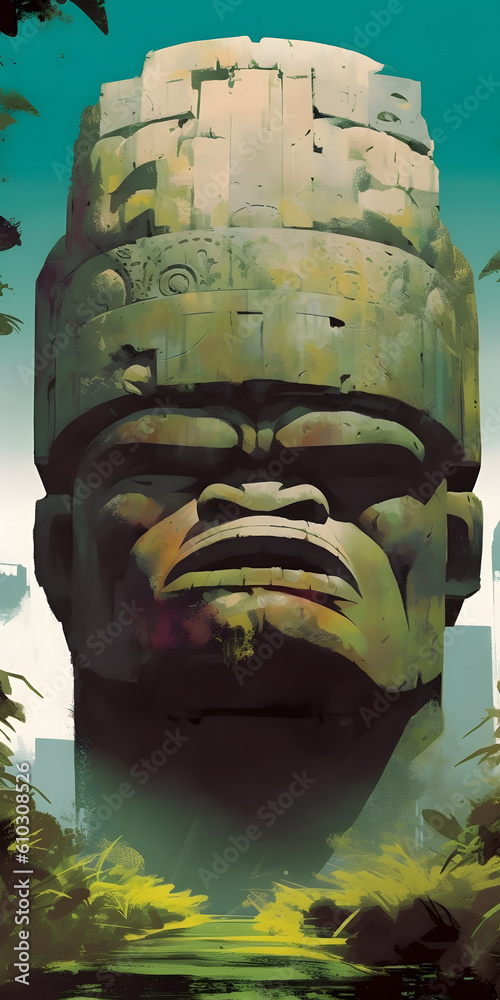 giant Olmecs statue illustration painting of Fantasy art landscape Moai ...