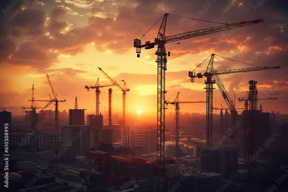 Construction site bathed in the warm glow of a mesmerizing sunset ...
