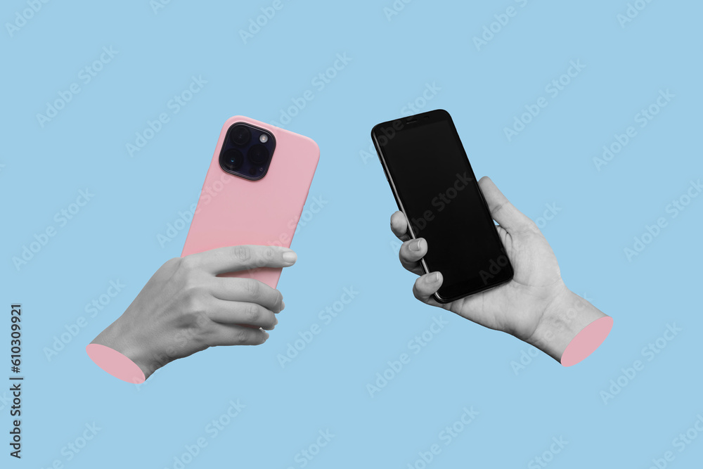 Two hands of women holding mobile phones with front and back sides ...