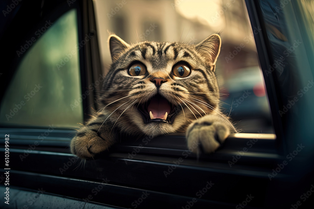 Surprised frightened cat looks out of the car window. Generative AI ...