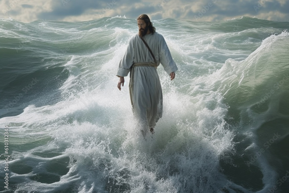 Jesus walking on the water. This artwork portrays the miraculous event ...