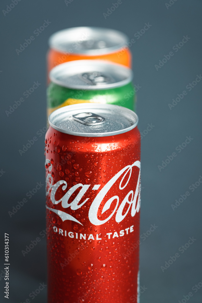 KYIV, UKRAINE - May 09: Close up shot of classic Coca-Cola, Sprite and ...