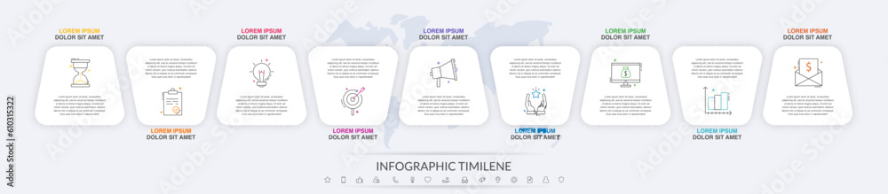 Vector infographics with 9 white quadrilaterals elements. Modern concept graphic process ...