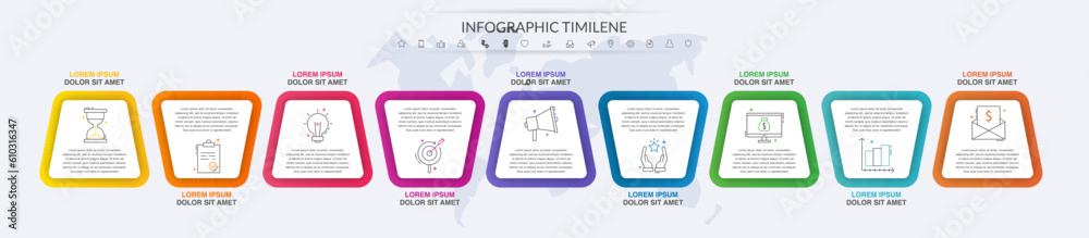 Vector infographics with 9 white quadrilaterals elements. Modern concept graphic process ...