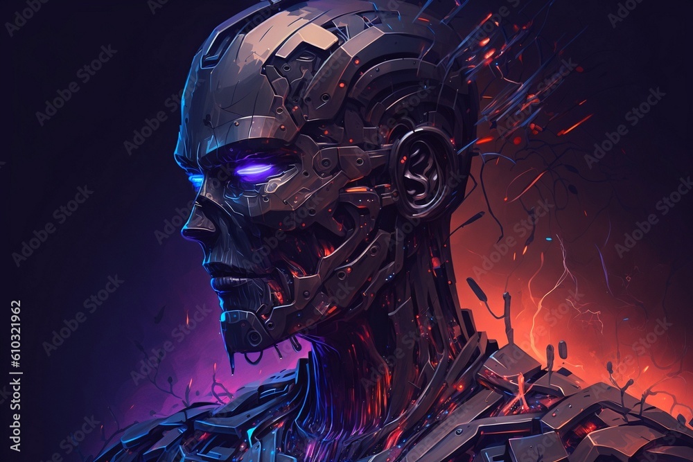 Scary humanoid robot, menacing look, glowing eyes concept. Artificial ...