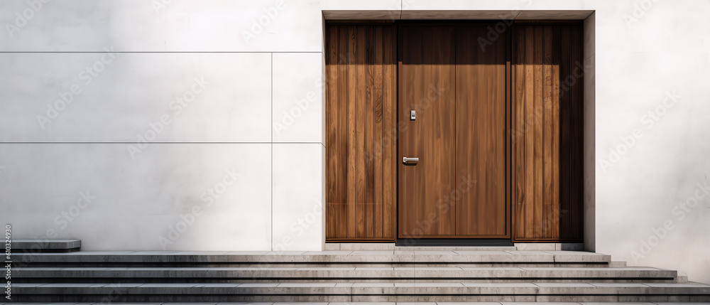 Front doors on street. Mockup with facade of a town building with ...