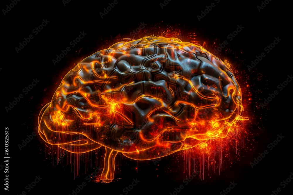 Shape of a creative human head and brain burning in fire flames as a ...