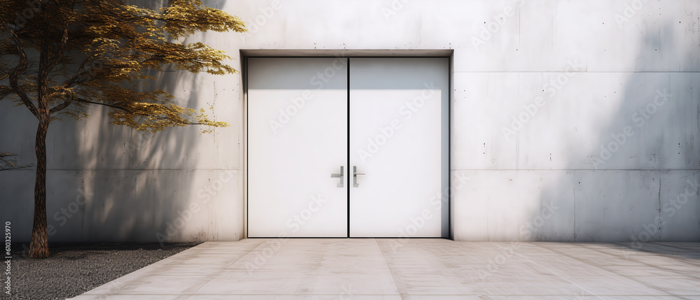 Front doors on street. Mockup with facade of a town building with ...