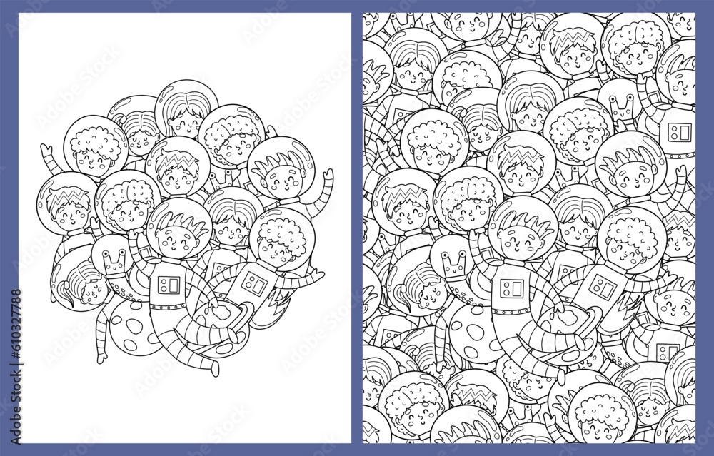 Cute kids astronauts coloring pages set in US Letter format. Black and ...