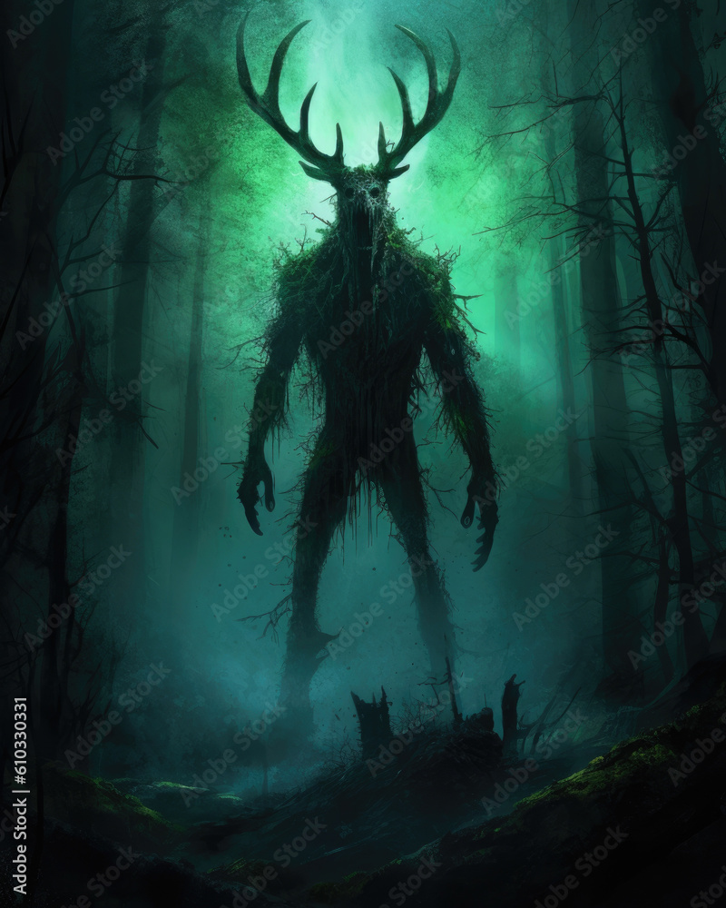 The wendigo slowly emerges from the darkness its body illuminated by ...