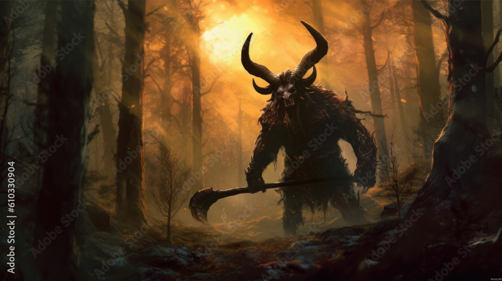 A minotaur lumbers through a dark and ominous forest giant horns ...