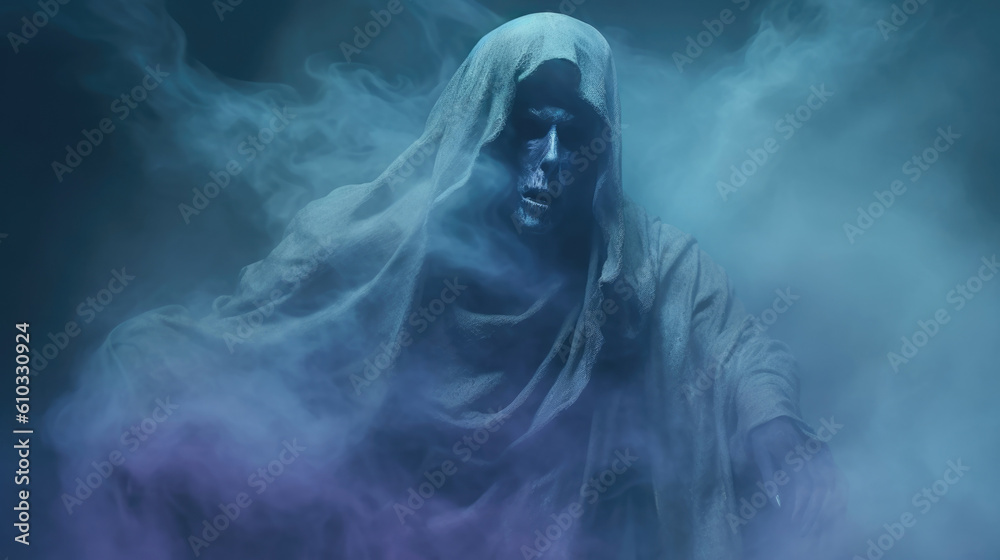 A ly visible image of a spectral entity emerges from a swirling misty ...