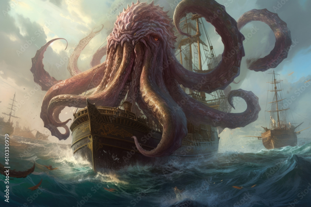 An ancient kraken towers over a small ship its tentacles writhing in a flurry as it Fantasy art ...