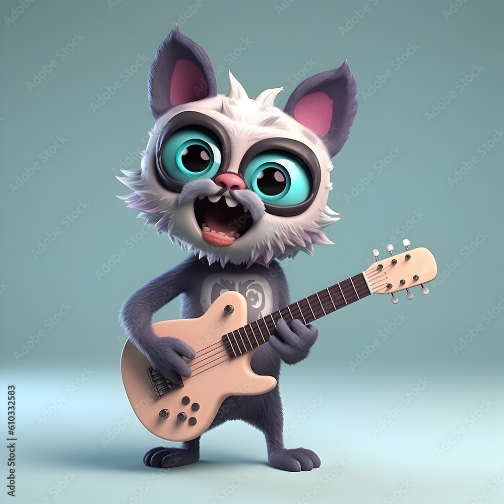3D illustration. The cartoon cat 3D character is playing guitar while ...