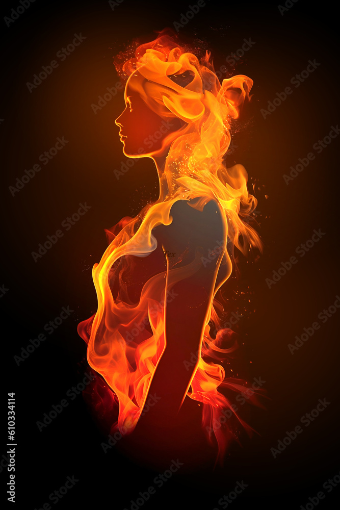 Beautiful young woman silhouette with flames and fire at the black ...
