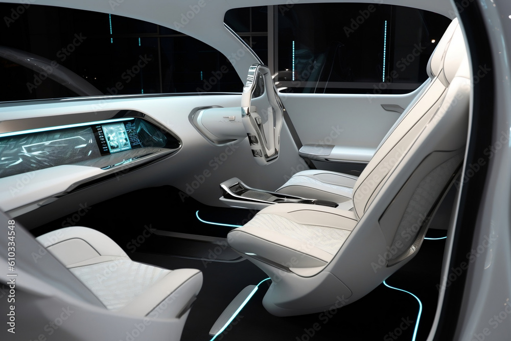 White driverless car interior with futuristic dashboard for autonomous ...