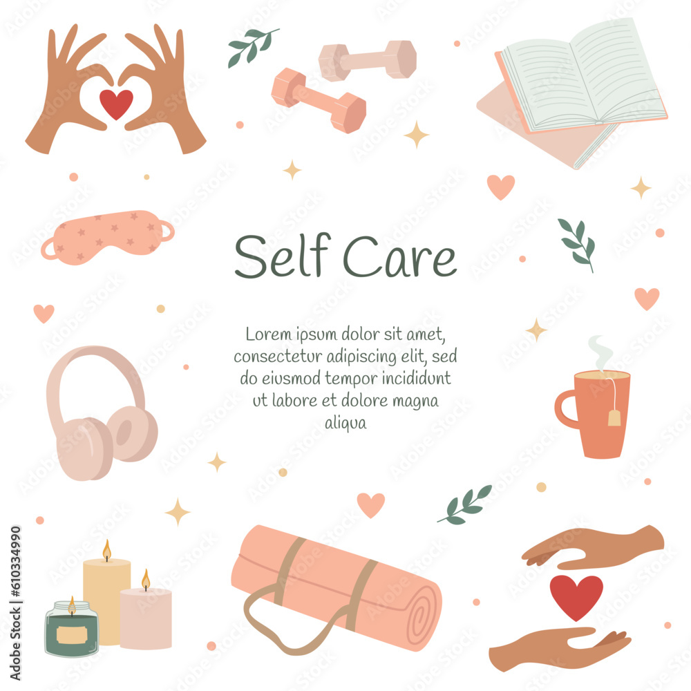 Vetor de Self care template with elements set. Healthy habits for ...