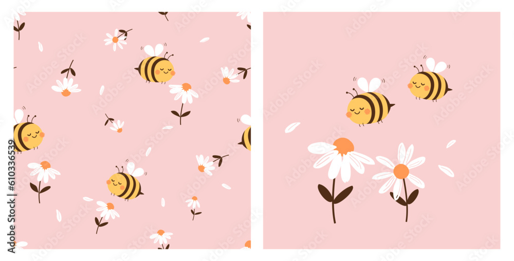 Seamless pattern with daisy flower and bee cartoon on pink background ...