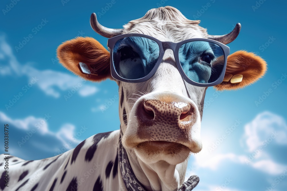 Cute cow wearing sunglasses on the blue background Stock Illustration ...