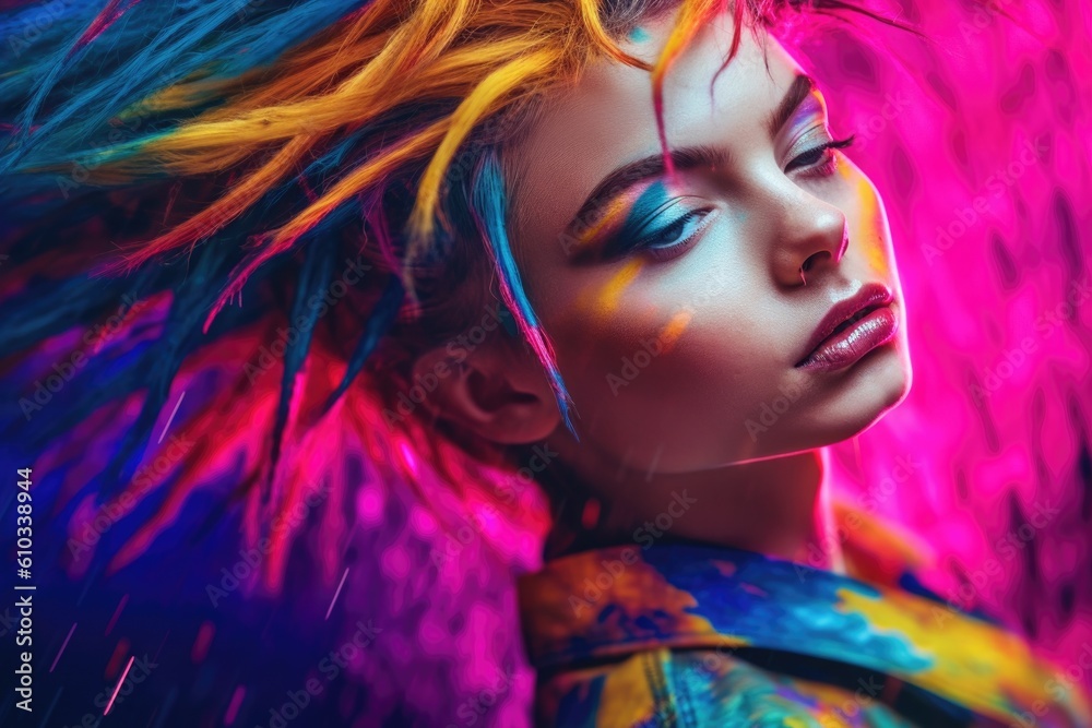 A close-up of a beautiful synthwave girl face is captured in a ...
