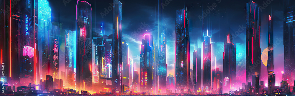 Cyberpunk cityscape. Futuristic night in digital town. Neon lights. Sci ...