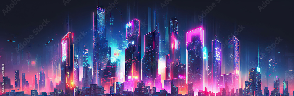 Cyberpunk cityscape. Futuristic night in digital town. Neon lights. Sci ...
