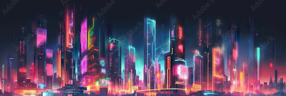 Cyberpunk cityscape. Futuristic night in digital town. Neon lights. Sci ...
