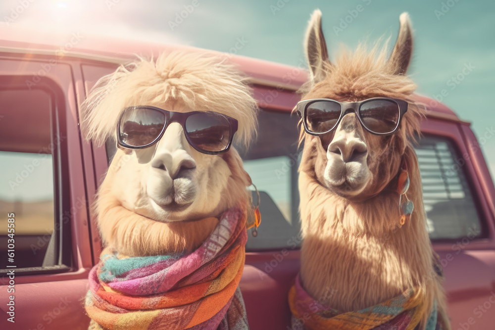 Funny illustration of two lamas wearing sunglasses in front of a ...