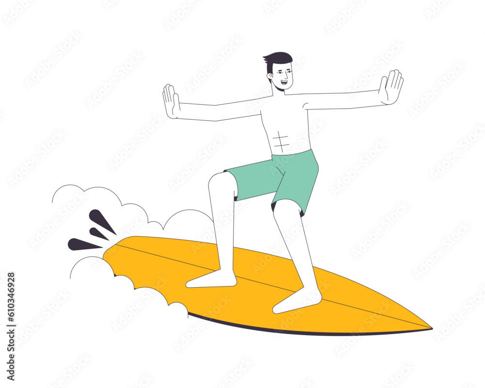 Surfer man on wave flat line vector spot illustration. Asian male with ...