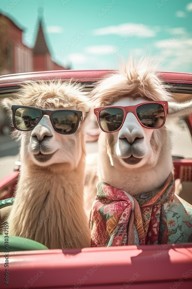 Funny illustration of two lamas wearing sunglasses in front of a ...