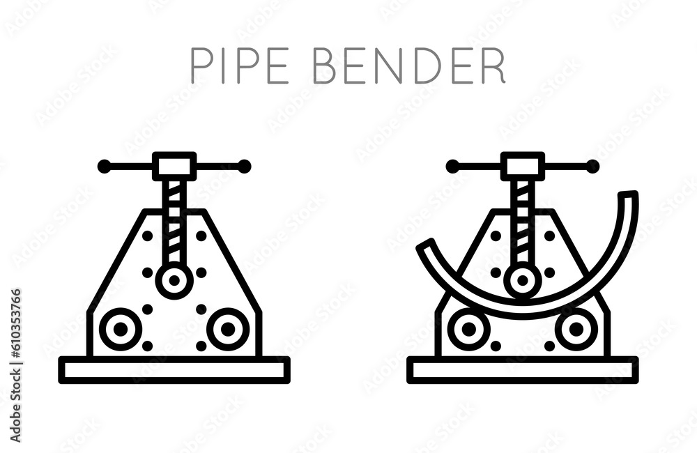 Pipe bending machine icons set. Machine for bending pipes at an angle ...