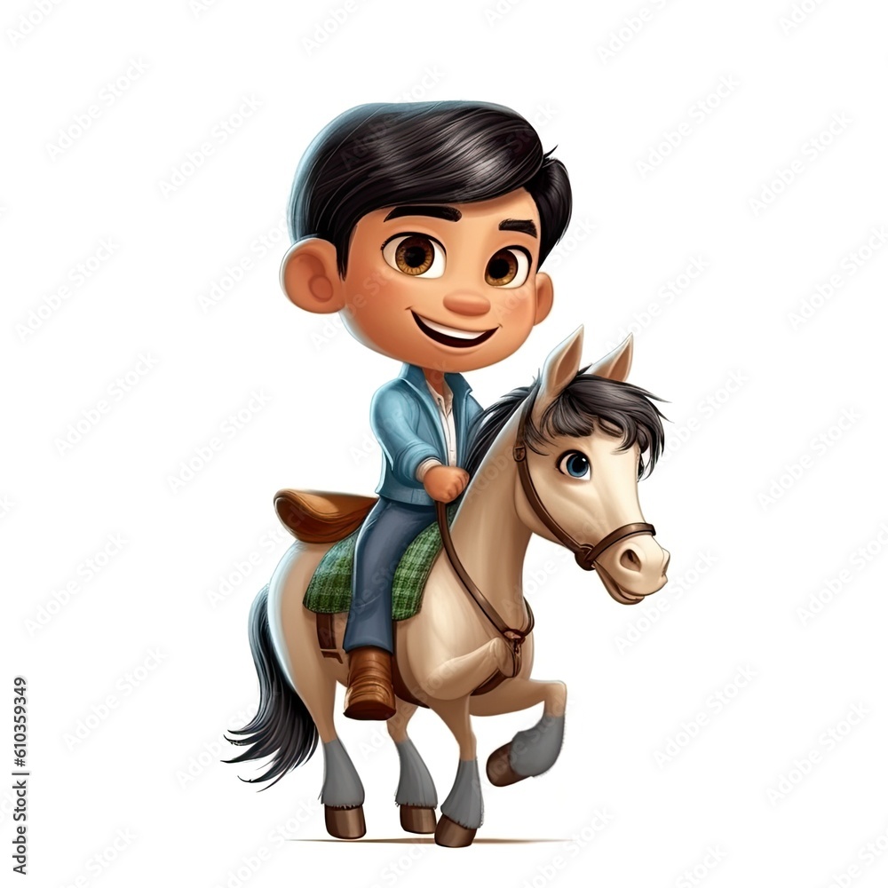 Beautiful boy cartoon style, riding a horse and galloping - generative ...