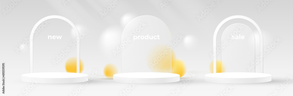 Set of realistic 3d round stand product podium scene on soft background ...