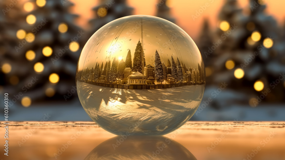 Holiday background transparent ball with trees, snowy background winter ...