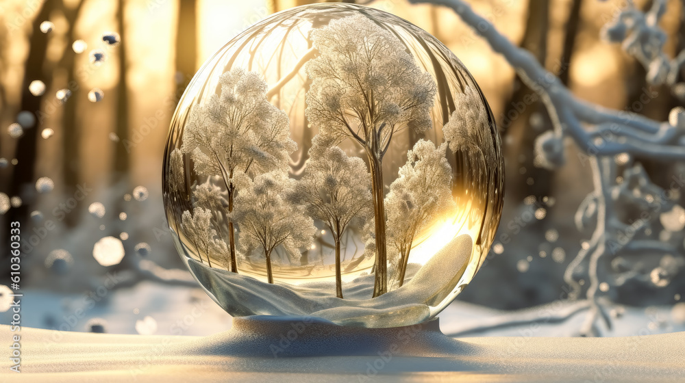 Holiday background transparent ball with trees, snowy background winter ...